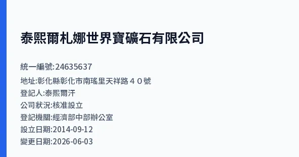 泰熙爾札娜世界寶礦石有限公司的照片-統編 24635637(彰化縣) 公司登記資料與營業項目詳細圖表
