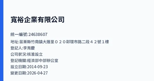 寬裕企業有限公司的照片-統編 24638607(苗栗縣) 公司登記資料與營業項目詳細圖表