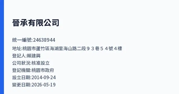 晉承有限公司的照片-統編 24638944(桃園市) 公司登記資料與營業項目詳細圖表