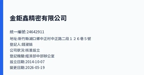 金鉅鑫精密有限公司的照片-統編 24642911(新竹縣) 公司登記資料與營業項目詳細圖表