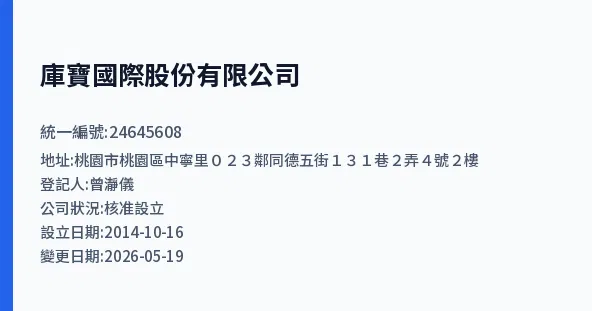 庫寶國際股份有限公司的照片-統編 24645608(桃園市) 公司登記資料與營業項目詳細圖表