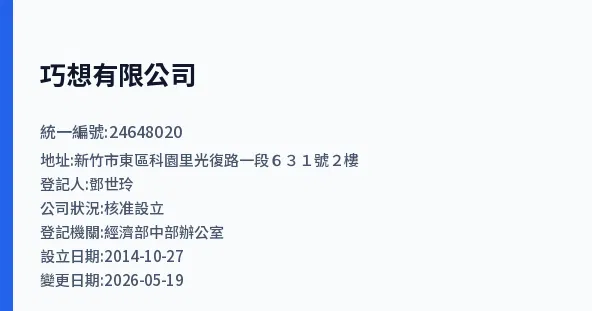 巧想有限公司的照片-統編 24648020(新竹市) 公司登記資料與營業項目詳細圖表