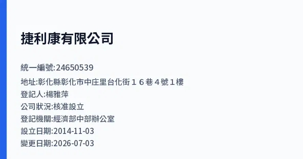捷利康有限公司的照片-統編 24650539(南投縣) 公司登記資料與營業項目詳細圖表