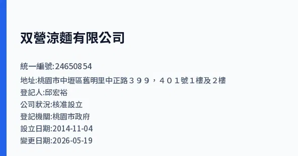 双營涼麵有限公司的照片-統編 24650854(桃園市) 公司登記資料與營業項目詳細圖表