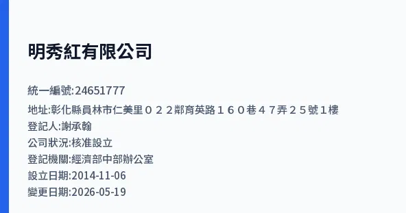 明秀紅有限公司的照片-統編 24651777(彰化縣) 公司登記資料與營業項目詳細圖表