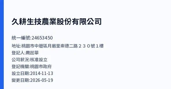 久耕生技農業股份有限公司的照片-統編 24653450(桃園市) 公司登記資料與營業項目詳細圖表