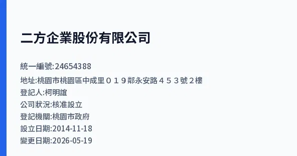 二方企業股份有限公司的照片-統編 24654388(桃園市) 公司登記資料與營業項目詳細圖表