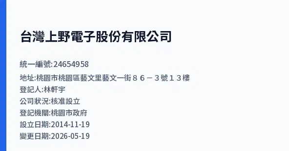 台灣上野電子股份有限公司的照片-統編 24654958(桃園市) 公司登記資料與營業項目詳細圖表