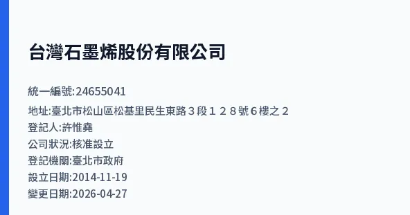 台灣石墨烯股份有限公司的照片-統編 24655041(臺北市) 公司登記資料與營業項目詳細圖表