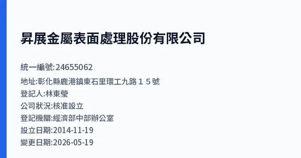昇展金屬表面處理股份有限公司的照片-統編 24655062(彰化縣) 公司登記資料與營業項目詳細圖表