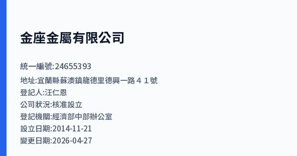 金座金屬有限公司的照片-統編 24655393(宜蘭縣) 公司登記資料與營業項目詳細圖表