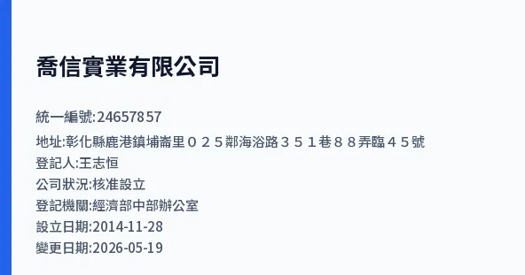 喬信實業有限公司的照片-統編 24657857(彰化縣) 公司登記資料與營業項目詳細圖表