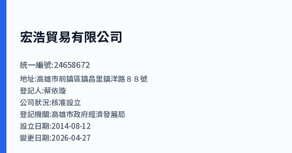 宏浩貿易有限公司的照片-統編 24658672(高雄市) 公司登記資料與營業項目詳細圖表