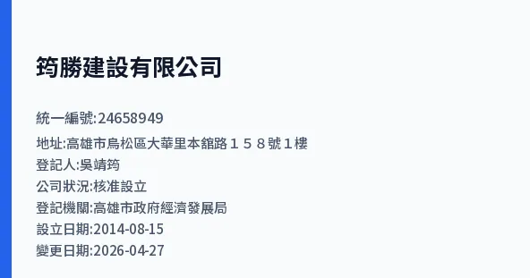筠勝建設有限公司的照片-統編 24658949(高雄市) 公司登記資料與營業項目詳細圖表