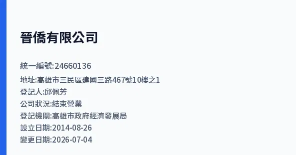 晉僑有限公司的照片-統編 24660136(高雄市) 公司登記資料與營業項目詳細圖表