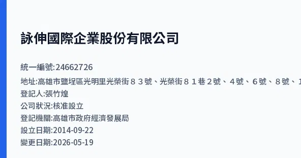 詠伸國際企業股份有限公司的照片-統編 24662726(高雄市) 公司登記資料與營業項目詳細圖表