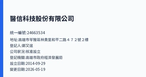 醫信科技股份有限公司的照片-統編 24663534(高雄市) 公司登記資料與營業項目詳細圖表
