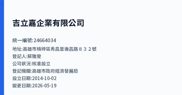 吉立嘉企業有限公司的照片-統編 24664034(高雄市) 公司登記資料與營業項目詳細圖表