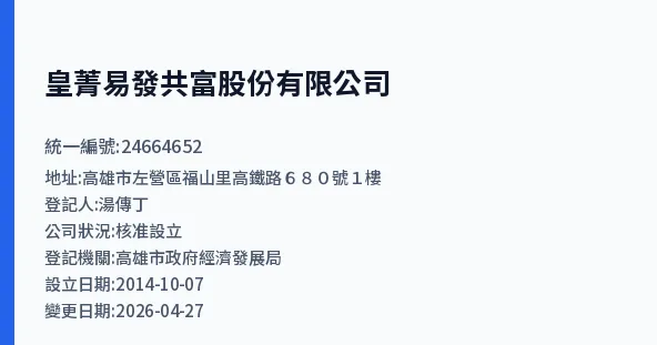 皇菁易發共富股份有限公司的照片-統編 24664652(高雄市) 公司登記資料與營業項目詳細圖表