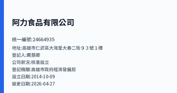 阿力食品有限公司的照片-統編 24664935(高雄市) 公司登記資料與營業項目詳細圖表
