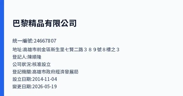 巴黎精品有限公司的照片-統編 24667807(高雄市) 公司登記資料與營業項目詳細圖表