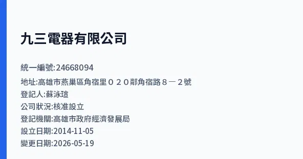 九三電器有限公司的照片-統編 24668094(高雄市) 公司登記資料與營業項目詳細圖表