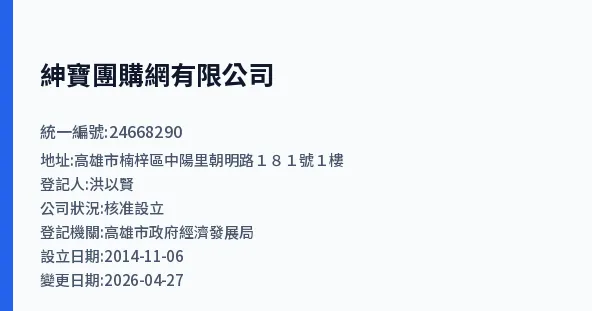紳寶團購網有限公司的照片-統編 24668290(高雄市) 公司登記資料與營業項目詳細圖表