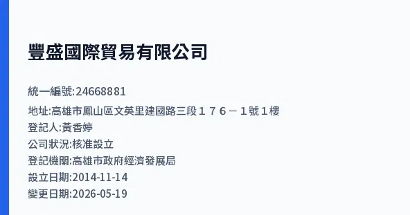 豐盛國際貿易有限公司的照片-統編 24668881(高雄市) 公司登記資料與營業項目詳細圖表
