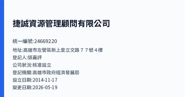 捷誠資源管理顧問有限公司的照片-統編 24669220(高雄市) 公司登記資料與營業項目詳細圖表