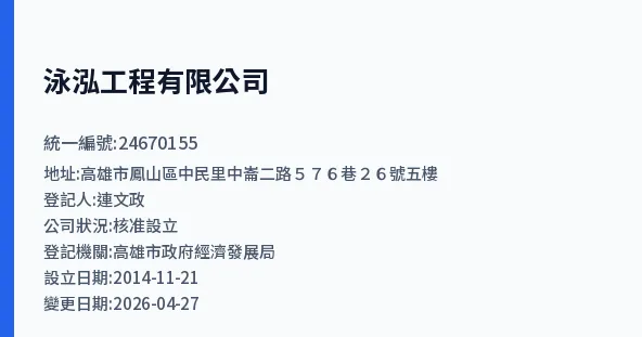 泳泓工程有限公司的照片-統編 24670155(高雄市) 公司登記資料與營業項目詳細圖表