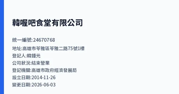 韓喔吧食堂有限公司的照片-統編 24670768(高雄市) 公司登記資料與營業項目詳細圖表