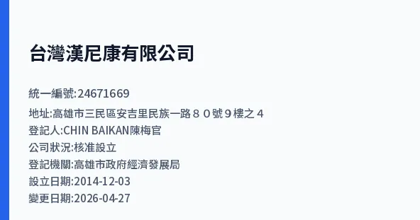 台灣漢尼康有限公司的照片-統編 24671669(高雄市) 公司登記資料與營業項目詳細圖表