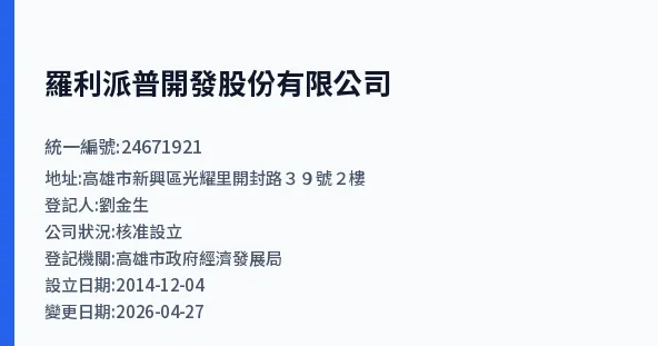羅利派普開發股份有限公司的照片-統編 24671921(高雄市) 公司登記資料與營業項目詳細圖表