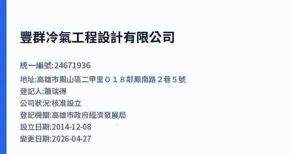 豐群冷氣工程設計有限公司的照片-統編 24671936(高雄市) 公司登記資料與營業項目詳細圖表