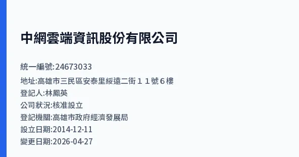 中網雲端資訊股份有限公司的照片-統編 24673033(高雄市) 公司登記資料與營業項目詳細圖表