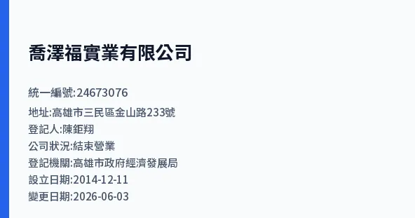 喬澤福實業有限公司的照片-統編 24673076(高雄市) 公司登記資料與營業項目詳細圖表