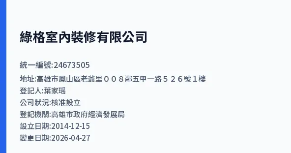 綠格室內裝修有限公司的照片-統編 24673505(高雄市) 公司登記資料與營業項目詳細圖表