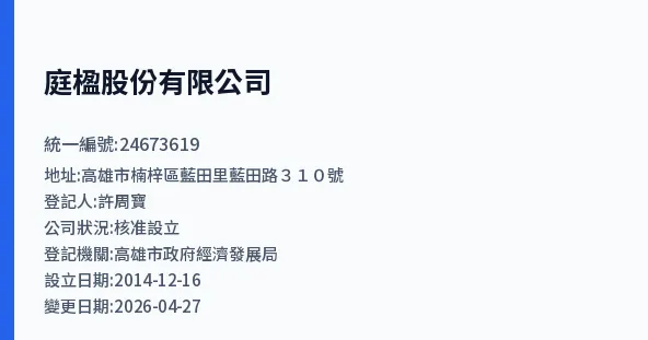 庭楹股份有限公司的照片-統編 24673619(高雄市) 公司登記資料與營業項目詳細圖表