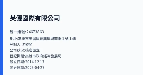 芙儷國際有限公司的照片-統編 24673863(高雄市) 公司登記資料與營業項目詳細圖表