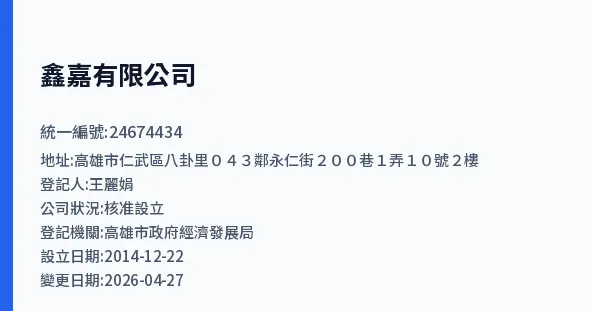 鑫嘉有限公司的照片-統編 24674434(高雄市) 公司登記資料與營業項目詳細圖表