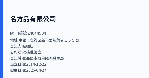 名方品有限公司的照片-統編 24674504(高雄市) 公司登記資料與營業項目詳細圖表