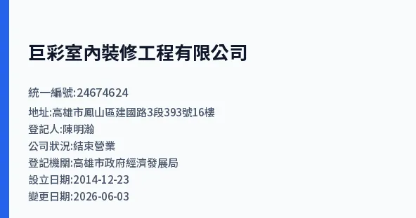 巨彩室內裝修工程有限公司的照片-統編 24674624(高雄市) 公司登記資料與營業項目詳細圖表