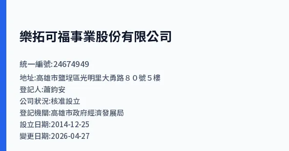 樂拓可福事業股份有限公司的照片-統編 24674949(高雄市) 公司登記資料與營業項目詳細圖表