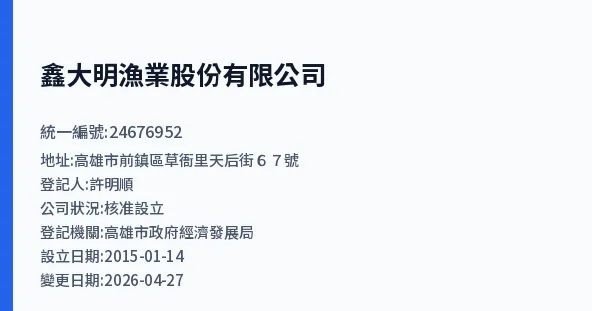 鑫大明漁業股份有限公司的照片-統編 24676952(高雄市) 公司登記資料與營業項目詳細圖表