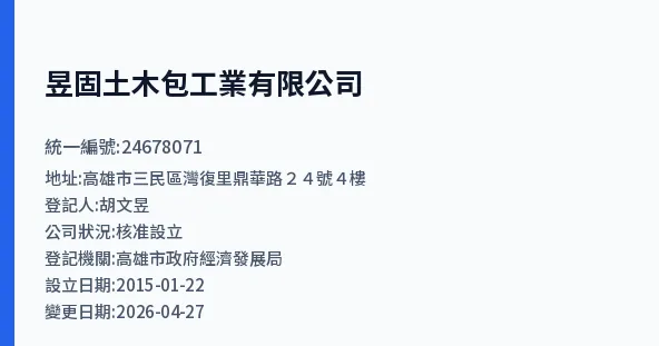 昱固土木包工業有限公司的照片-統編 24678071(高雄市) 公司登記資料與營業項目詳細圖表