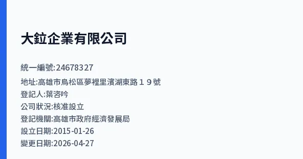 大鉝企業有限公司的照片-統編 24678327(高雄市) 公司登記資料與營業項目詳細圖表