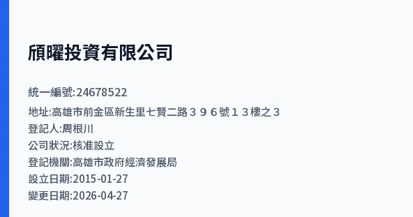 頎曜投資有限公司的照片-統編 24678522(高雄市) 公司登記資料與營業項目詳細圖表