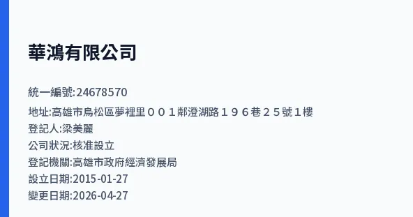 華鴻有限公司的照片-統編 24678570(高雄市) 公司登記資料與營業項目詳細圖表