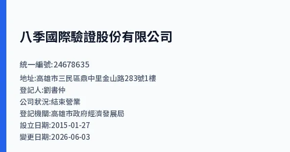 八季國際驗證股份有限公司的照片-統編 24678635(高雄市) 公司登記資料與營業項目詳細圖表