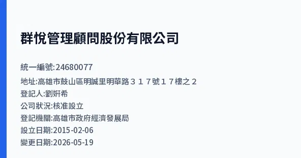 群悅管理顧問股份有限公司的照片-統編 24680077(高雄市) 公司登記資料與營業項目詳細圖表
